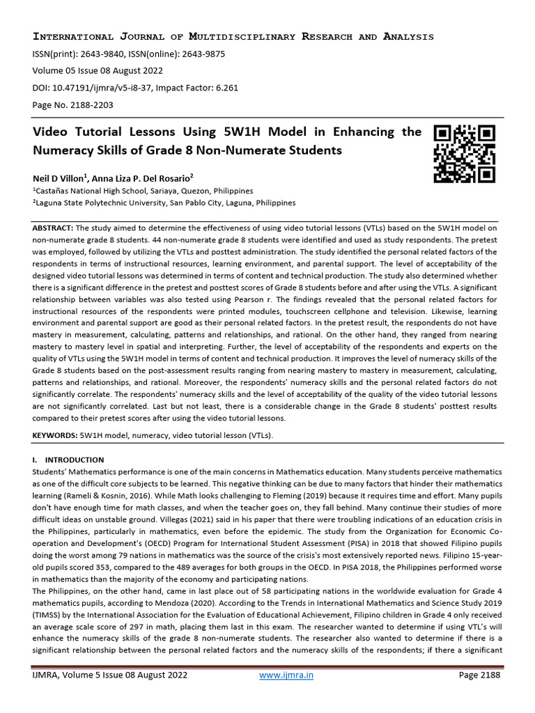 Video Tutorial Lessons Using 5W1H Model | PDF | Educational Assessment ...