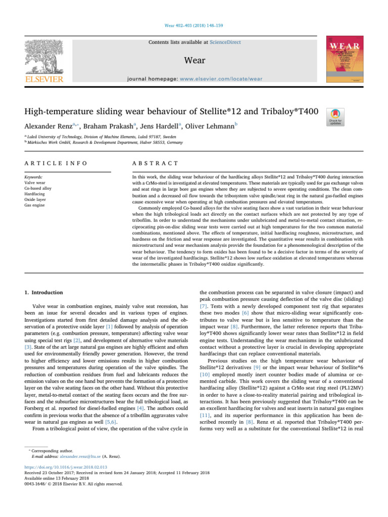 High-Temperature Sliding Wear Behaviour of Stellite®12 and Tribaloy ...