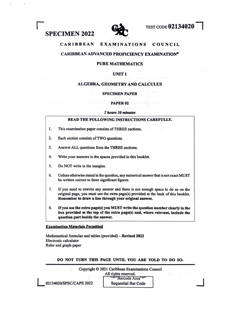 Specimen Paper 2 2022 Unit 1 Pure Math | PDF | Function (Mathematics ...