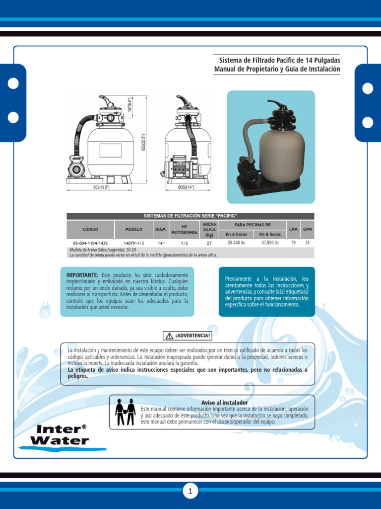 Manual Sistema de Filtrado Pacific de 14 Pulgadas Inter Water | PDF ...