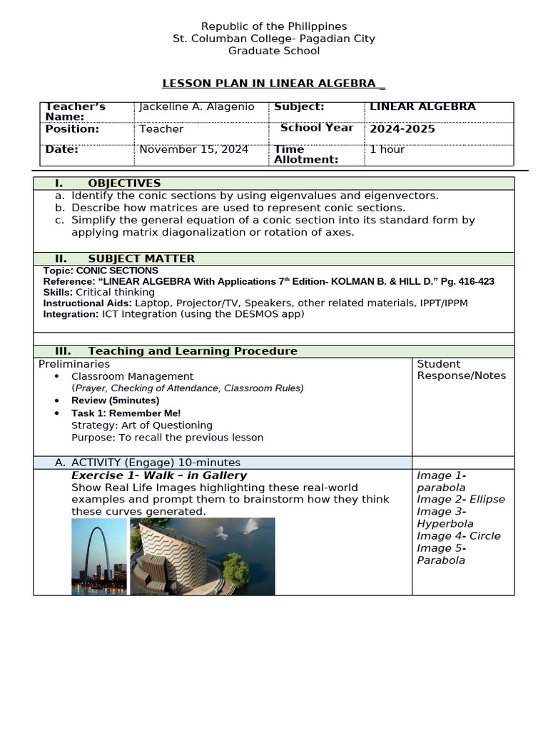 Lesson Plan in Linear Algebra-Alagenio | PDF | Eigenvalues And Eigenvectors | Mathematical Concepts