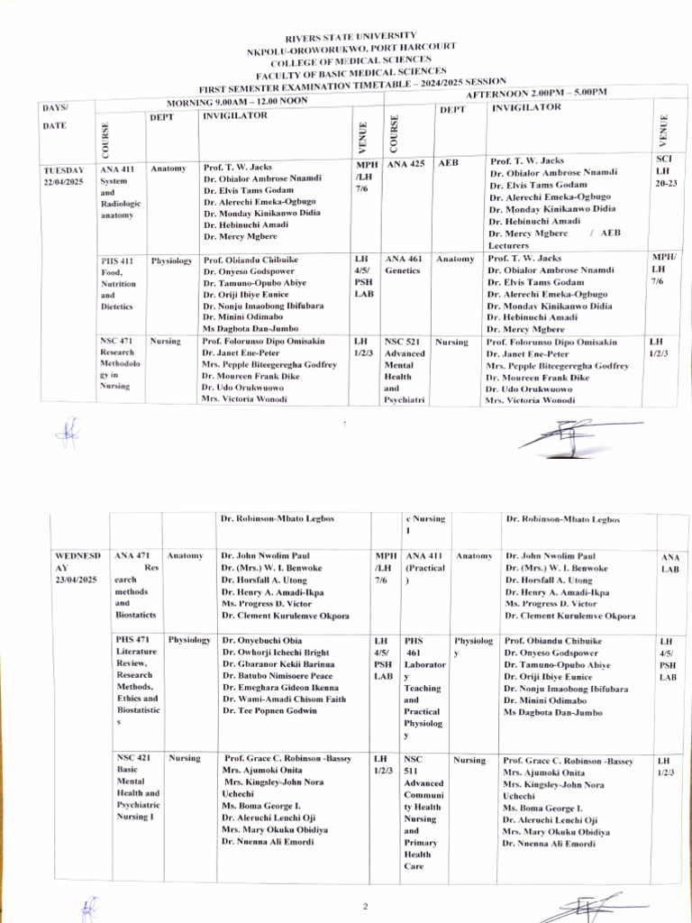 First Semester Examination Timetable 2024-2025 Academic Session (FBMS) | PDF | Biology | Medicine