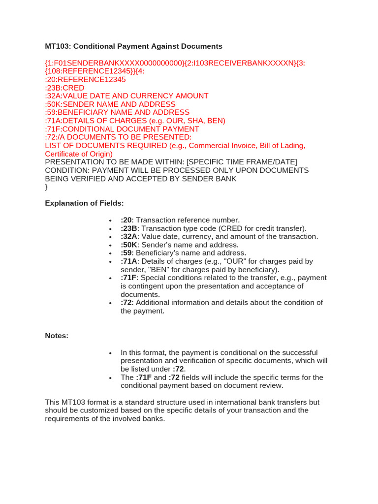 MT103 Conditional Swift | PDF