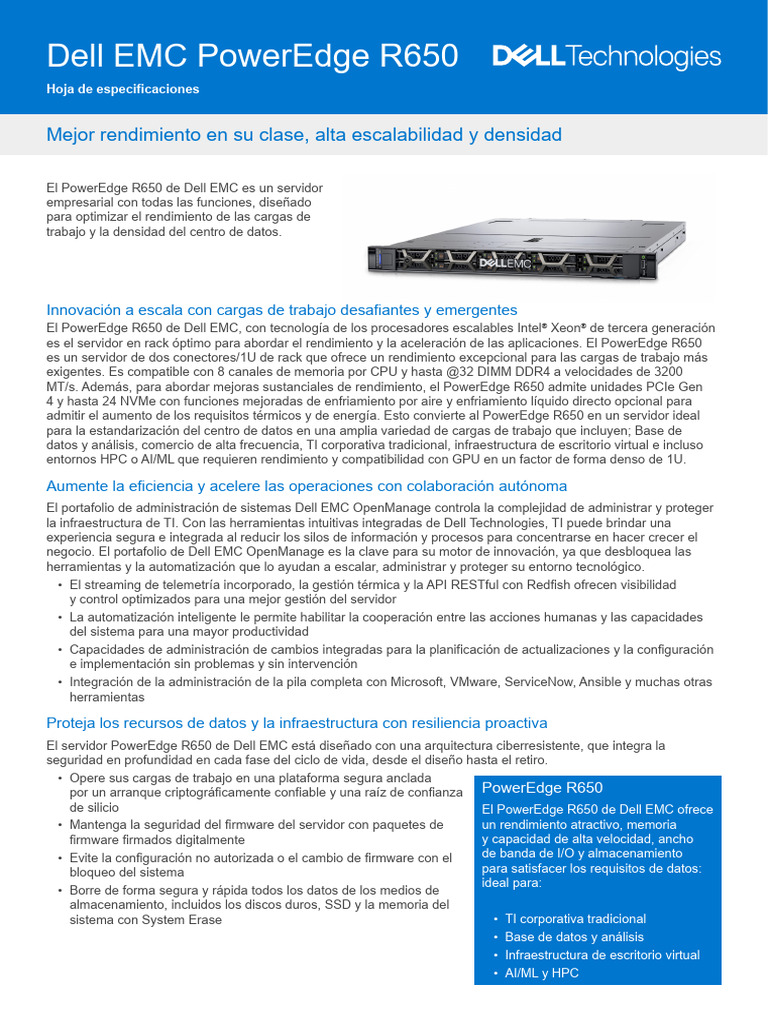Dell Emc Poweredge r650 Spec Sheet | PDF | Unidad de estado sólido ...