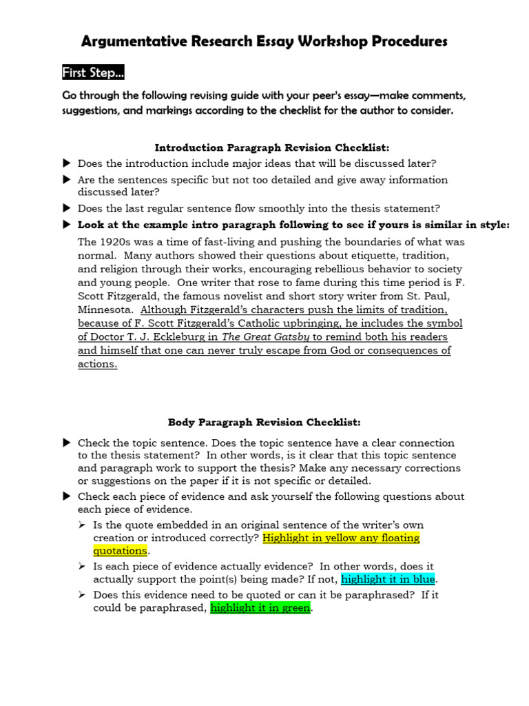 Argumentative Research Essay Workshop Procedures and Critique ...