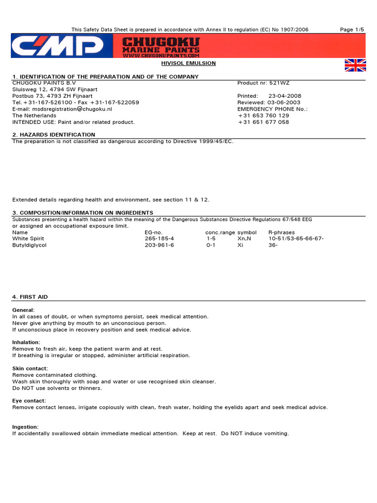 Safety Data Sheet for HIVISOL EMULSION | PDF | Firefighting | Personal ...