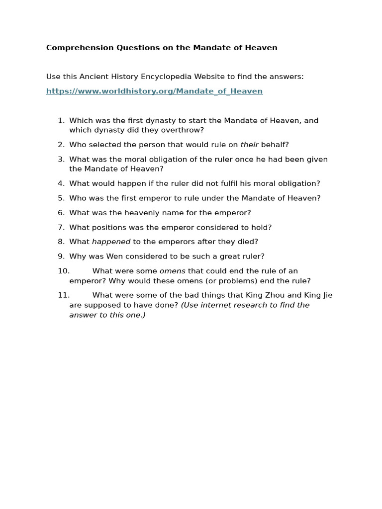 Comprehension Questions On The Mandate of Heaven | PDF