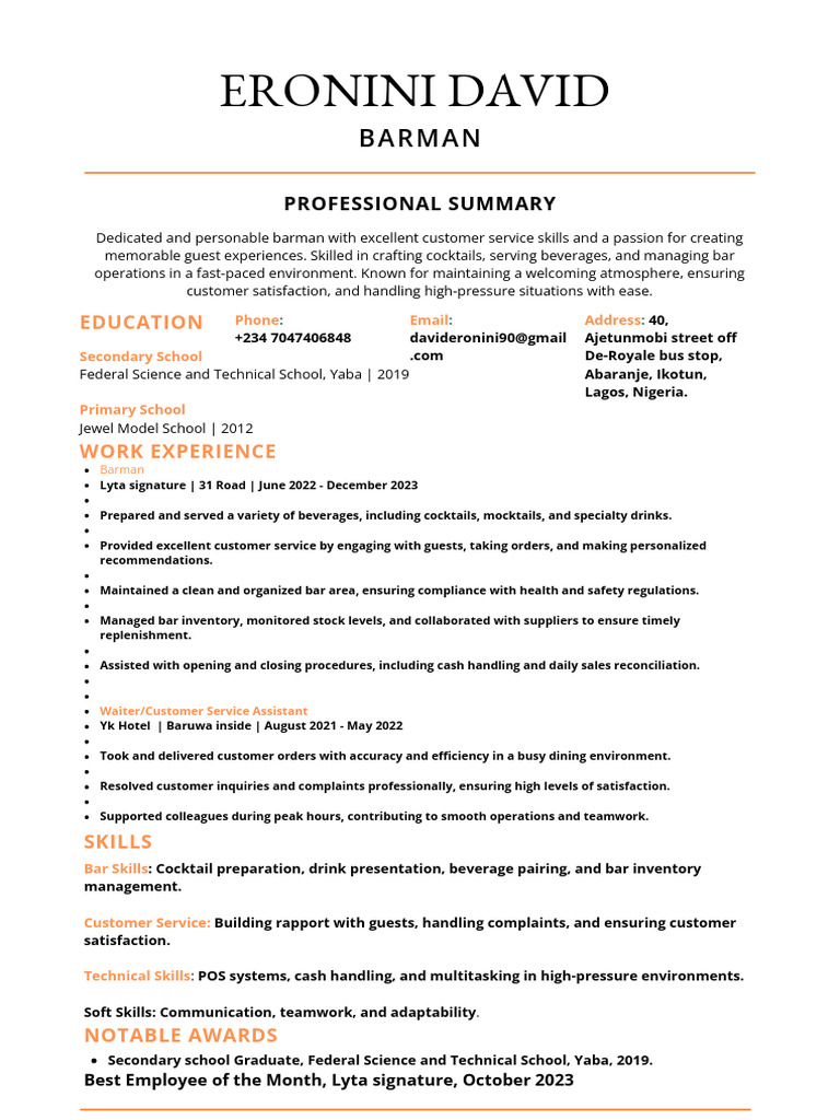 Barman CV for YK Hotel Baruwa | PDF | Bartender | Business