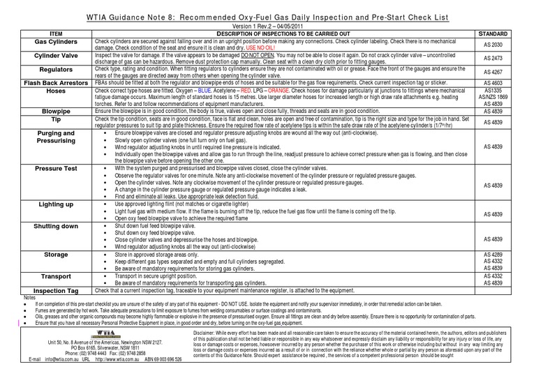 GN08 Oxy-Fuel Gas Daily Checklist Rev 2 May 2011 | PDF | Valve | Gases
