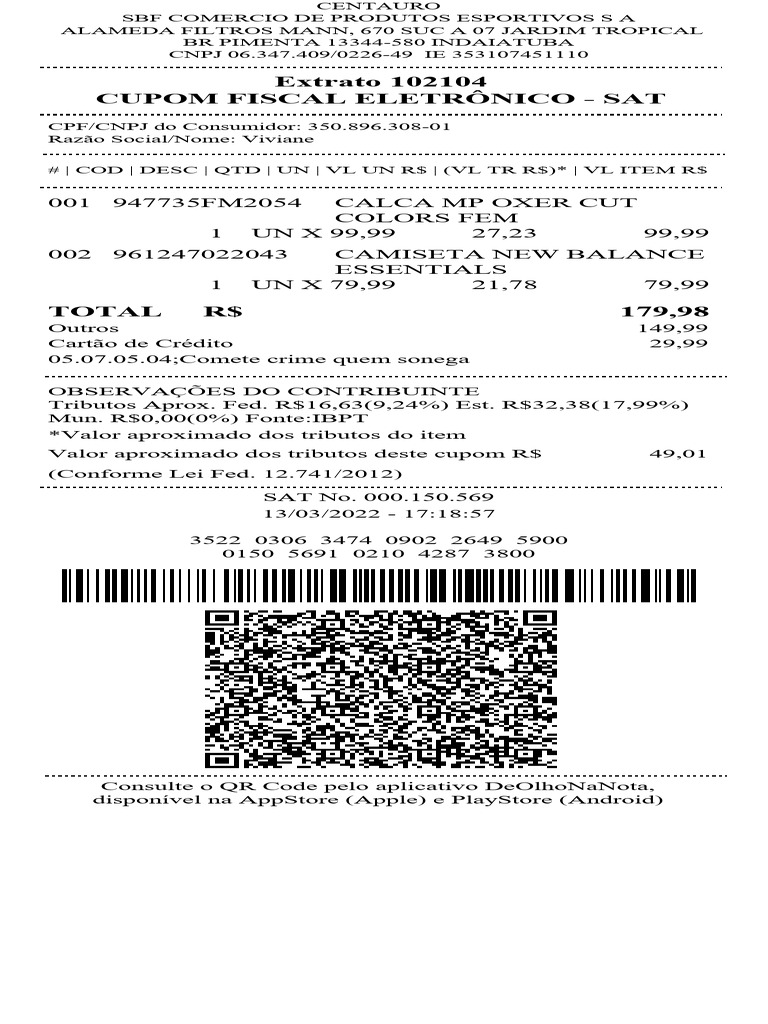 Cupom Fiscal Eletrônico - Sat Extrato 102104 | PDF