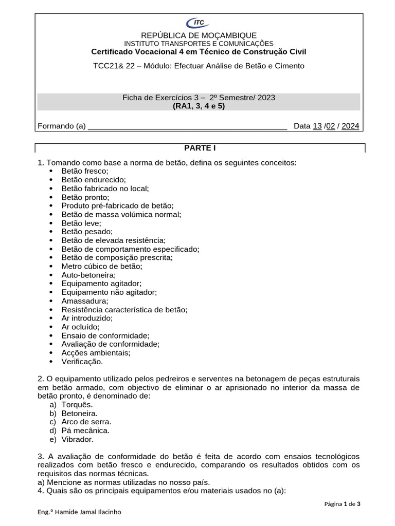 Ficha de Exercicios 3 - ITC - EABC - Draft | PDF | Concreto | Cimento