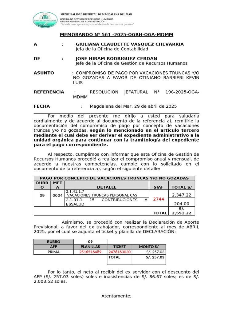 Memorando #561-2025-Ogrh-Ogaf-Mdmm Compromiso de Pago Por Vacaciones ...