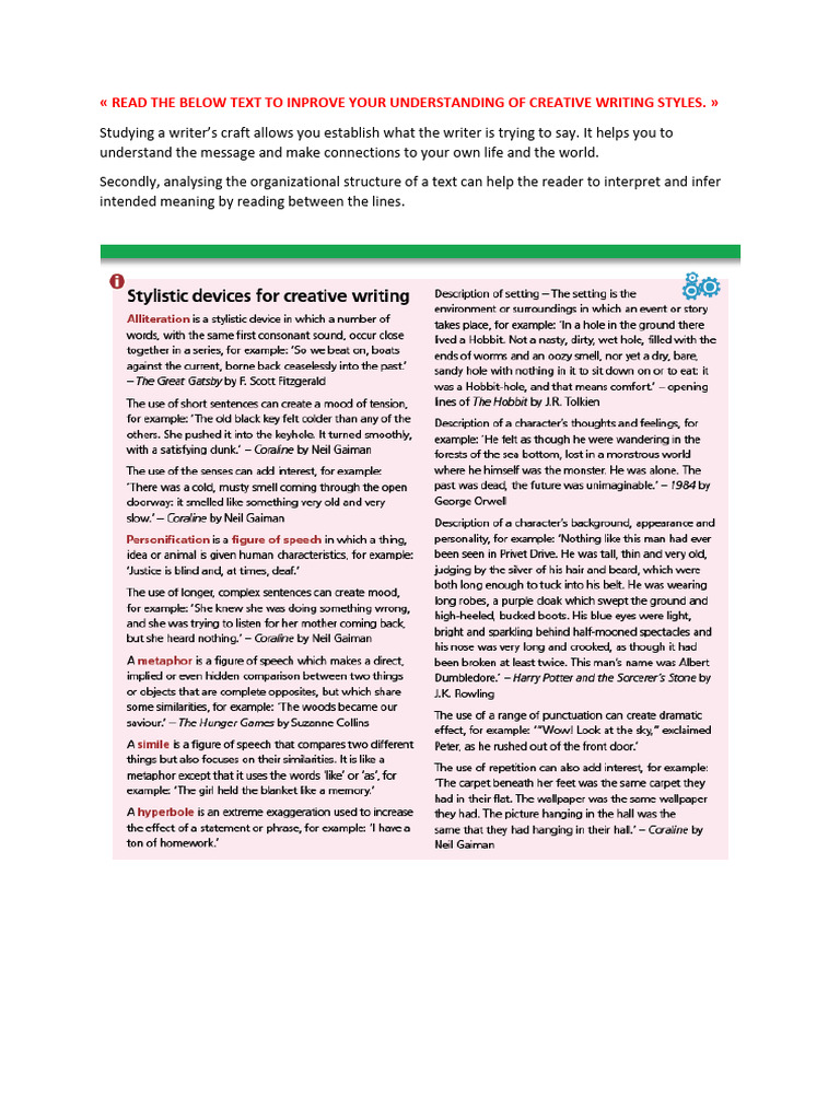 Read the Below Text to Inprove Your Understanding of Creative Writing Styles | PDF