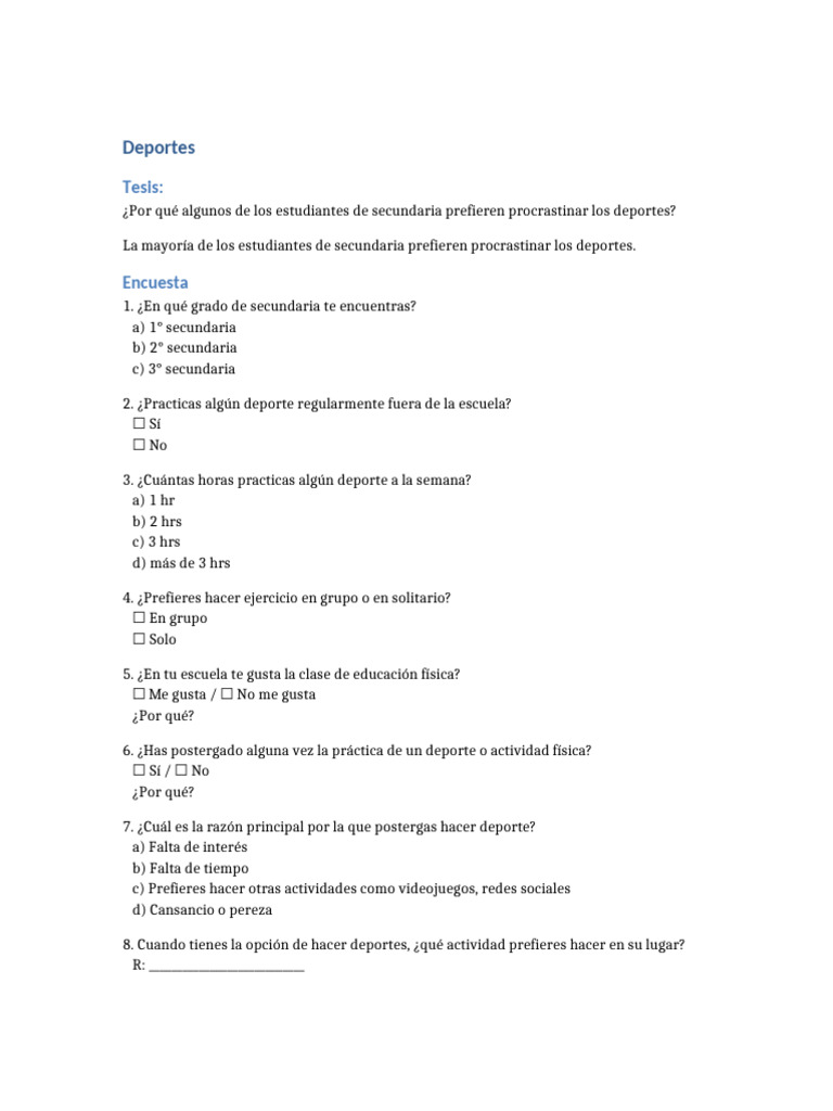 Encuesta Deportes Secundaria Procrastinar | PDF