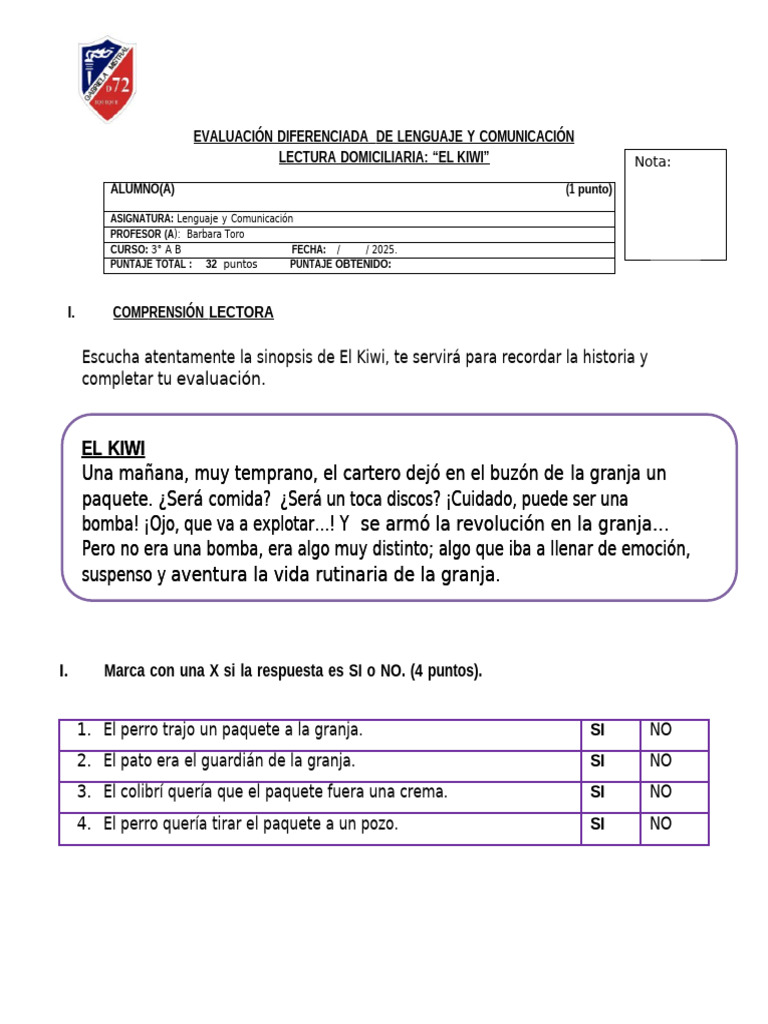 Prueba Libro Kiwi PIE | PDF