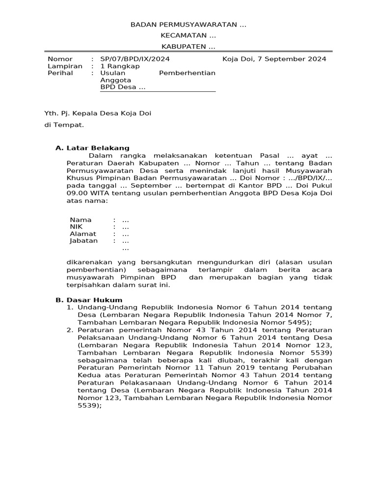 Surat Usulan Pemberhentian BPD | PDF