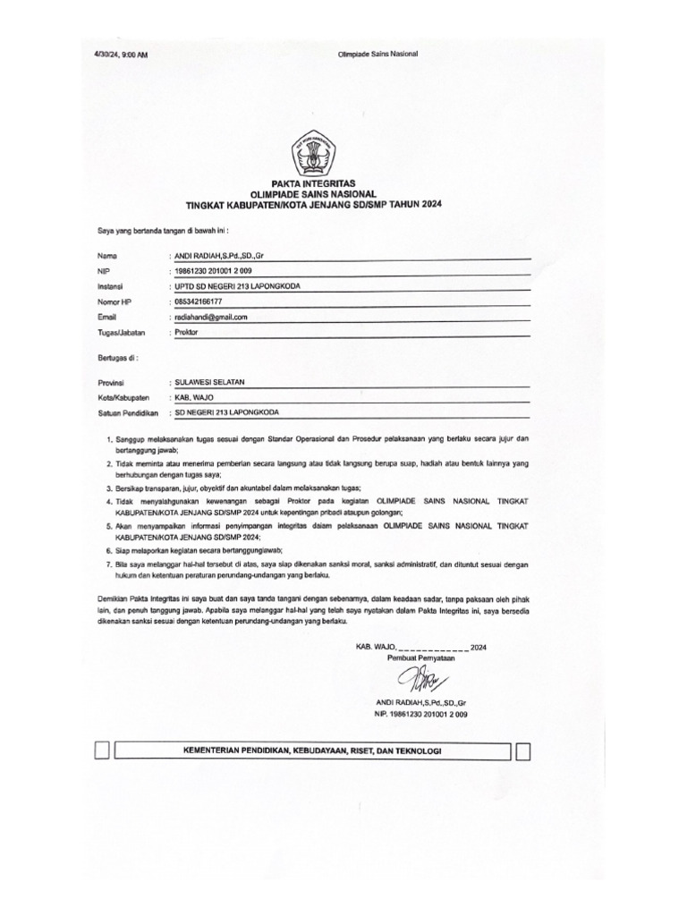 Pakta Integritas Anbk Andi Radiah | PDF