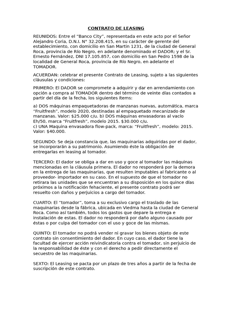 Contrato de Leasing de Maquinarias | PDF