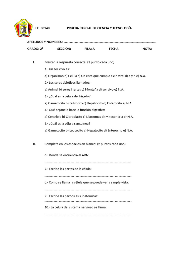 PRUEBA DE C y T 2° SEC. | PDF | Biología Celular) | Plantas