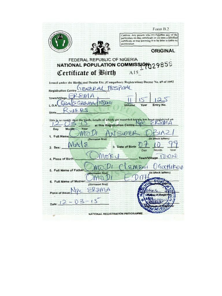 Omodi Answer - Birth Cert | PDF