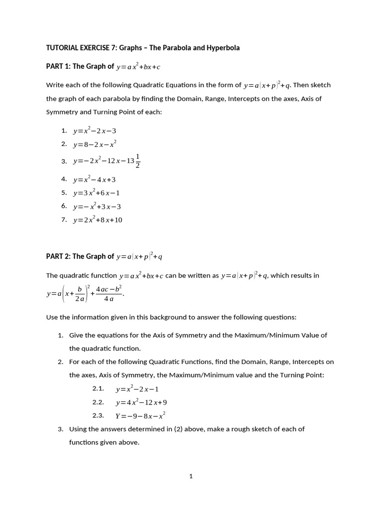 Tutorial 7 The Parabola and Hyperbola | PDF | Function (Mathematics) | Functions And Mappings