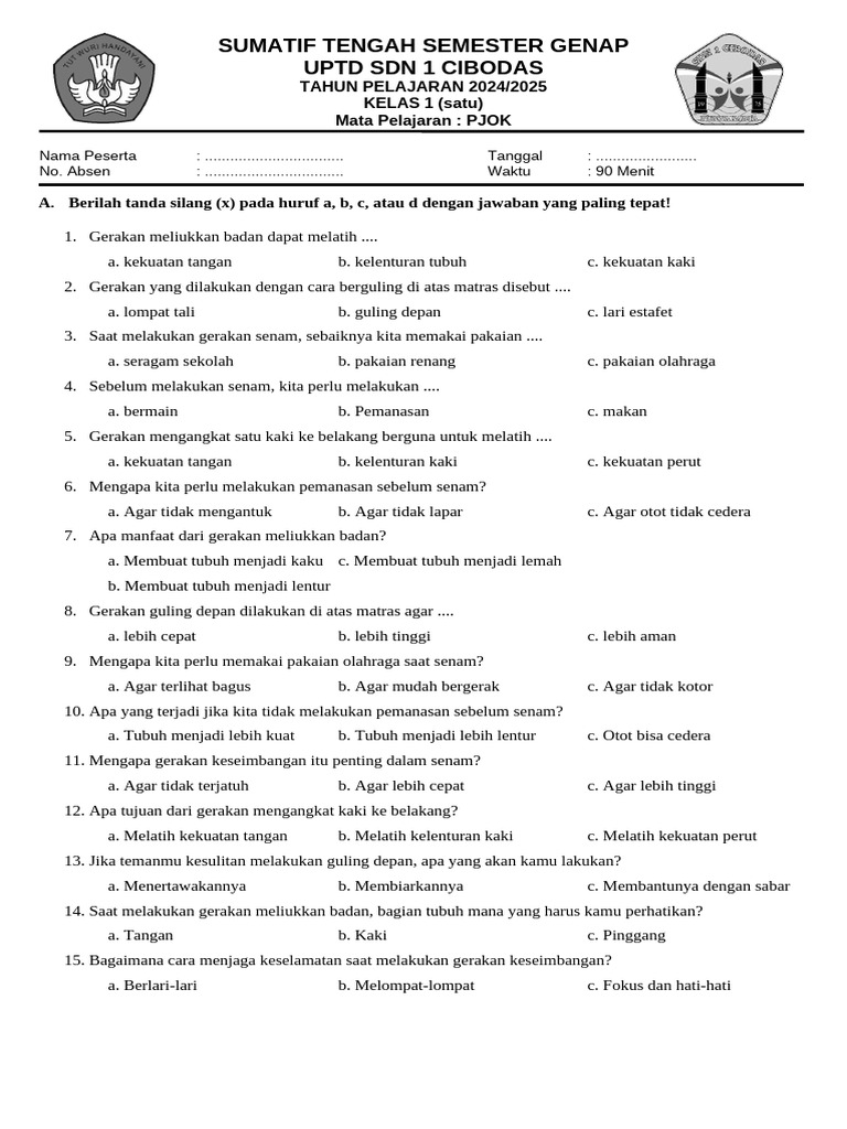 Kisi - Kisi Dan Soal STS Pjok Kelas 1 2024-2025 | PDF