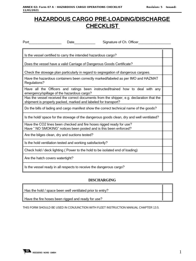 00.hazardous CARGO OPERATIONS PRE-LOADING CHECKLIST | PDF