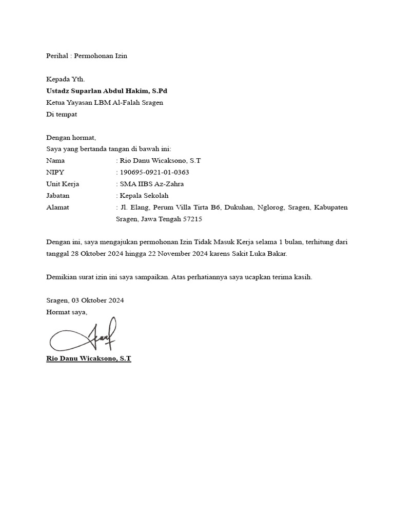Izin Tidak Masuk Kerja Rio Danu | PDF