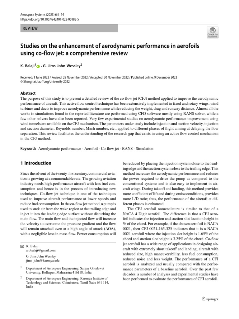 Studies on the enhancement of aerodynamic performance in aerofoils using co-flow jet a ...