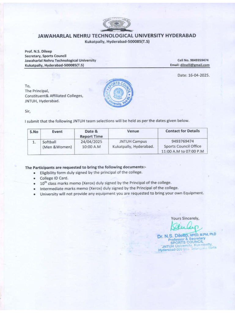 JNTUH Softball 16042025 | PDF