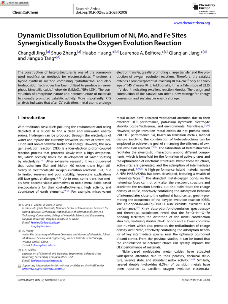 ChemCatChem - 2025 - Jing - Dynamic Dissolution Equilibrium of Ni Mo ...