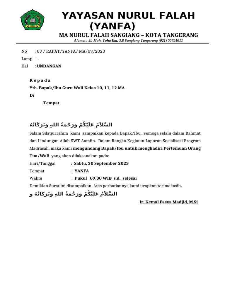Undangan Rapat Wali Murid YANFA | PDF