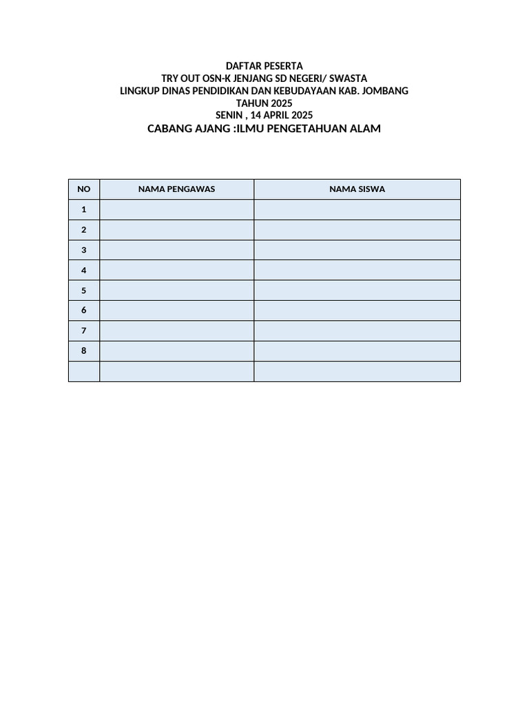 Daftar Hadir Pengawas To OSN - 2025 | PDF