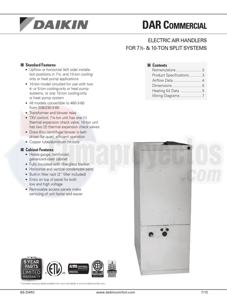 10-Ton Electric Air Handler Specs | PDF | Manufactured Goods | Temperature