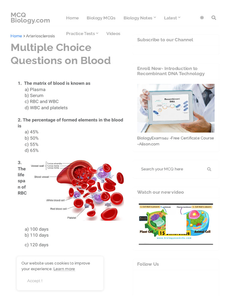 Multiple Choice Questions On Blood | PDF | Blood | Blood Vessel