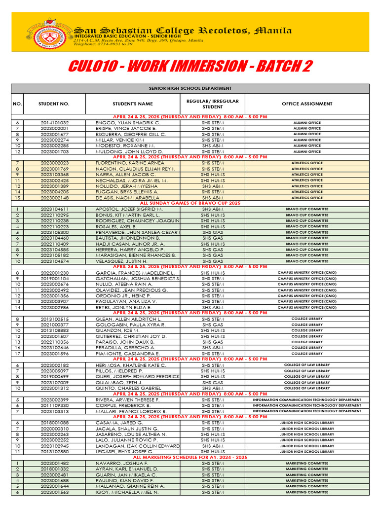 Batch 2 Work Immersion SHS Masterlist 2024 2025 | PDF