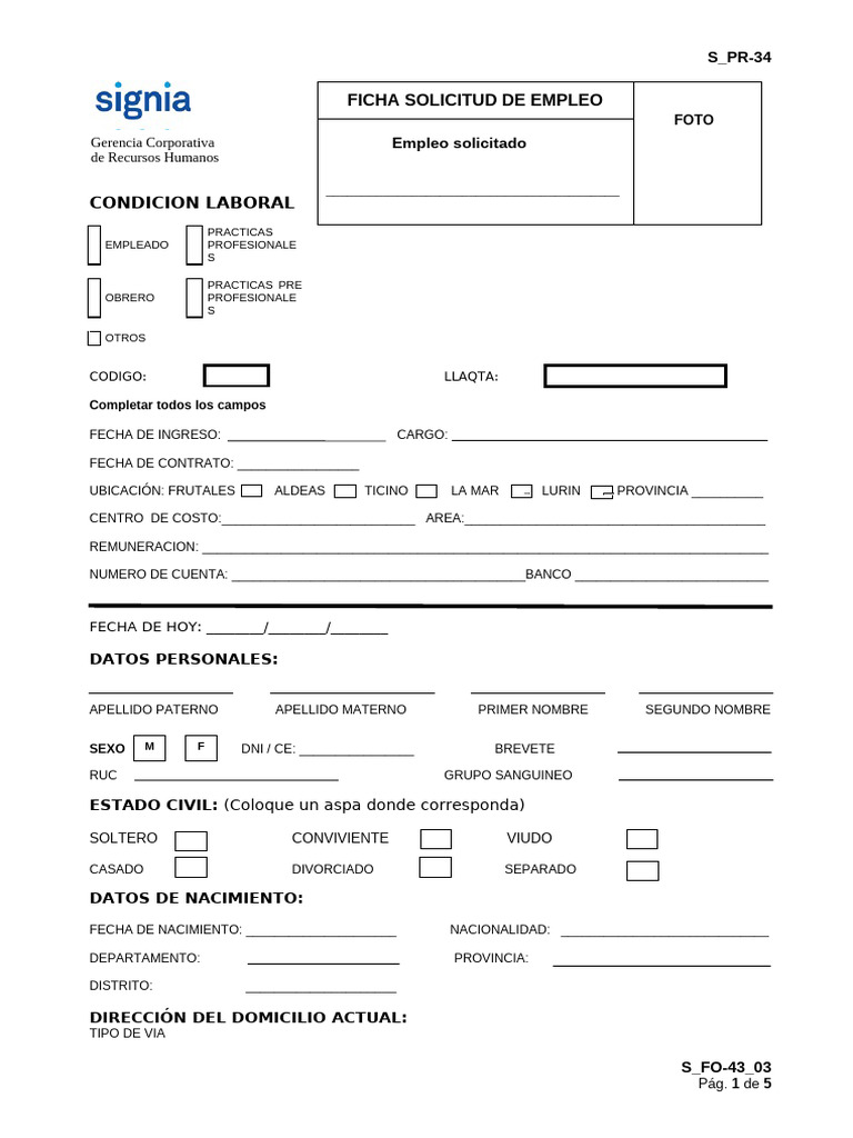 Ficha Solicitud de Empleo - Signia | PDF