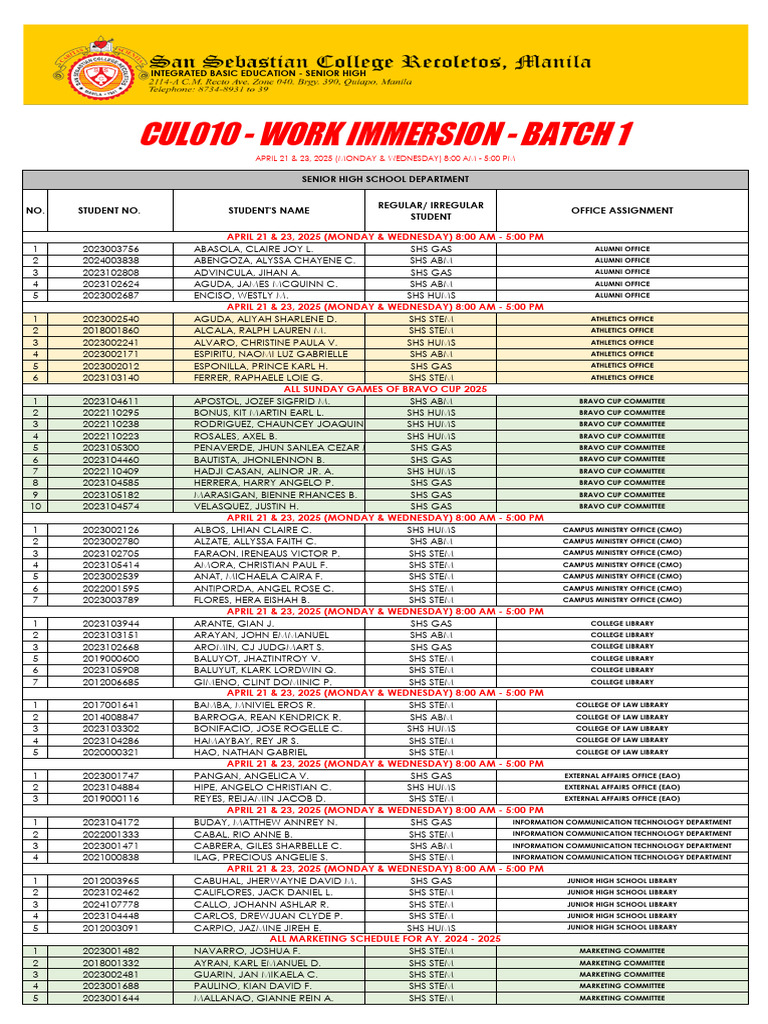 BATCH-1-WORK-IMMERSION-SHS-MASTERLIST-2024-2025 | PDF
