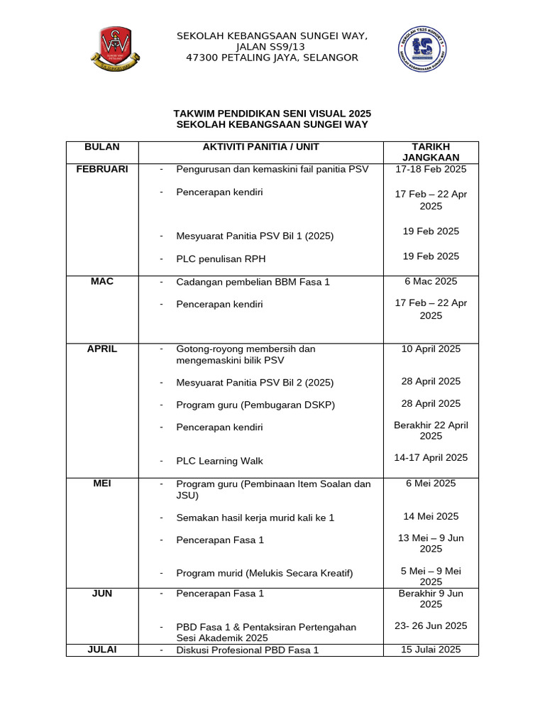 Takwim Panitia PSV 2025 | PDF