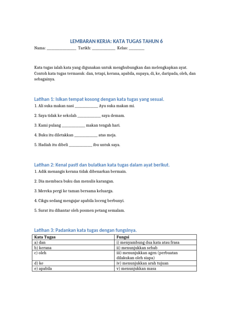 Lembaran Kerja Kata Tugas Tahun 6 | PDF