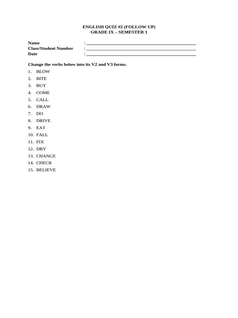English Quiz 2 (Verbs) | PDF