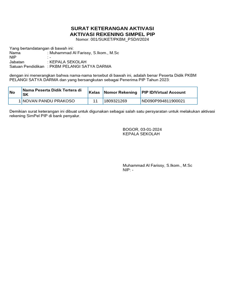 Surat Keterangan Aktivasi PIP Nominasi Tahun 2023, PKBM PELANGI SATYA DARMA - 001_SUKET_PKBM_PSD ...