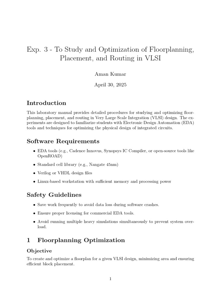 Exp 3 To Study and Optimization of Floorplanning Placement and Routing in VLSI | PDF | Computer ...