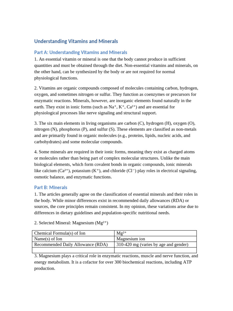 Vitamins and Minerals Assignment | PDF | Molecules | Vitamin B12