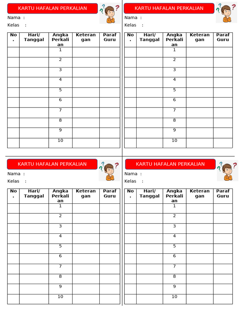 KARTU HAFALAN PERKALIAN | PDF
