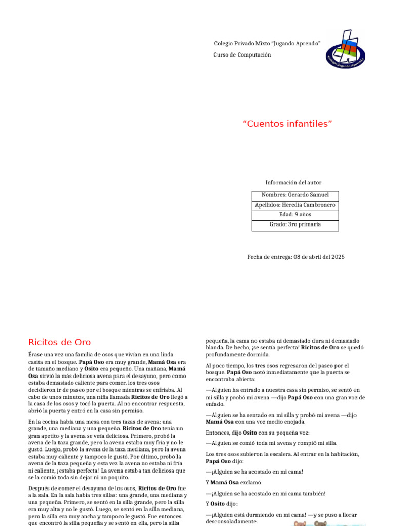 Cuentos | PDF | Ricitos de oro y los tres osos | El patito feo