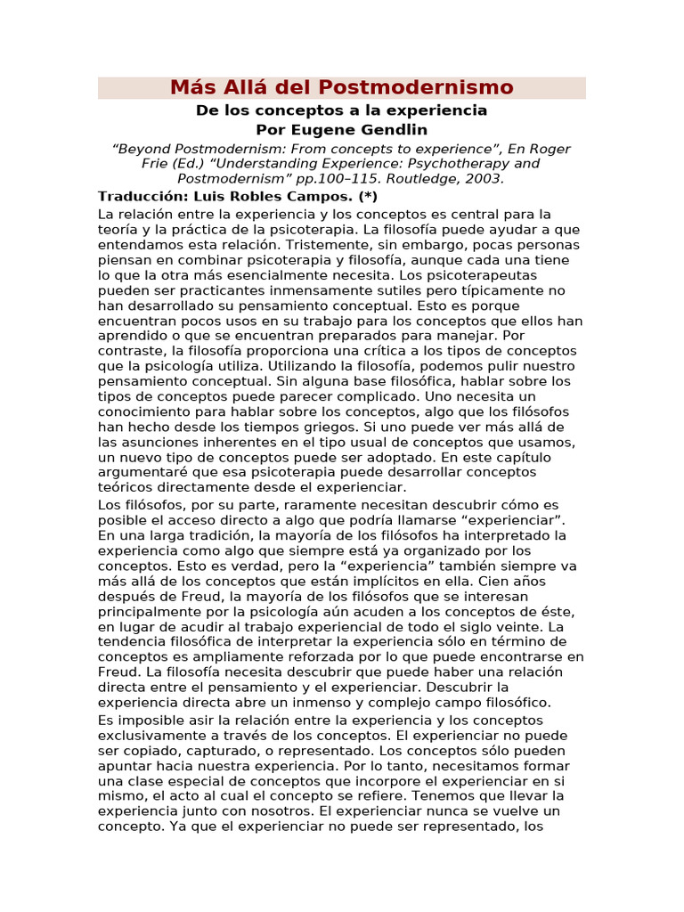 Gendlin. Más Allá Del Postmodernismo | PDF | Verdad | Experiencia