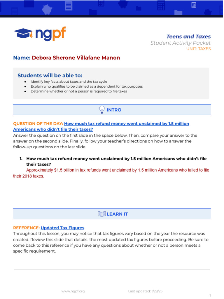 Teens and Taxes Student Activity Packet | PDF | Social Security (United ...