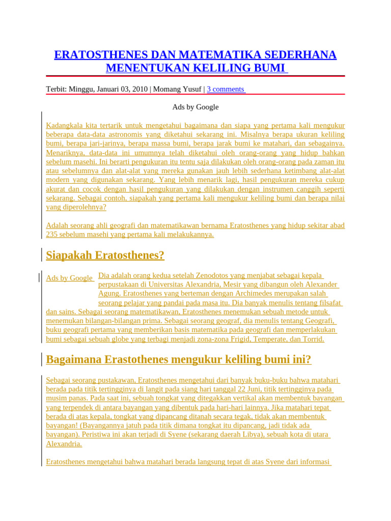 Eratosthenes Dan Matematika Sederhana Menentukan Keliling Bumi | PDF