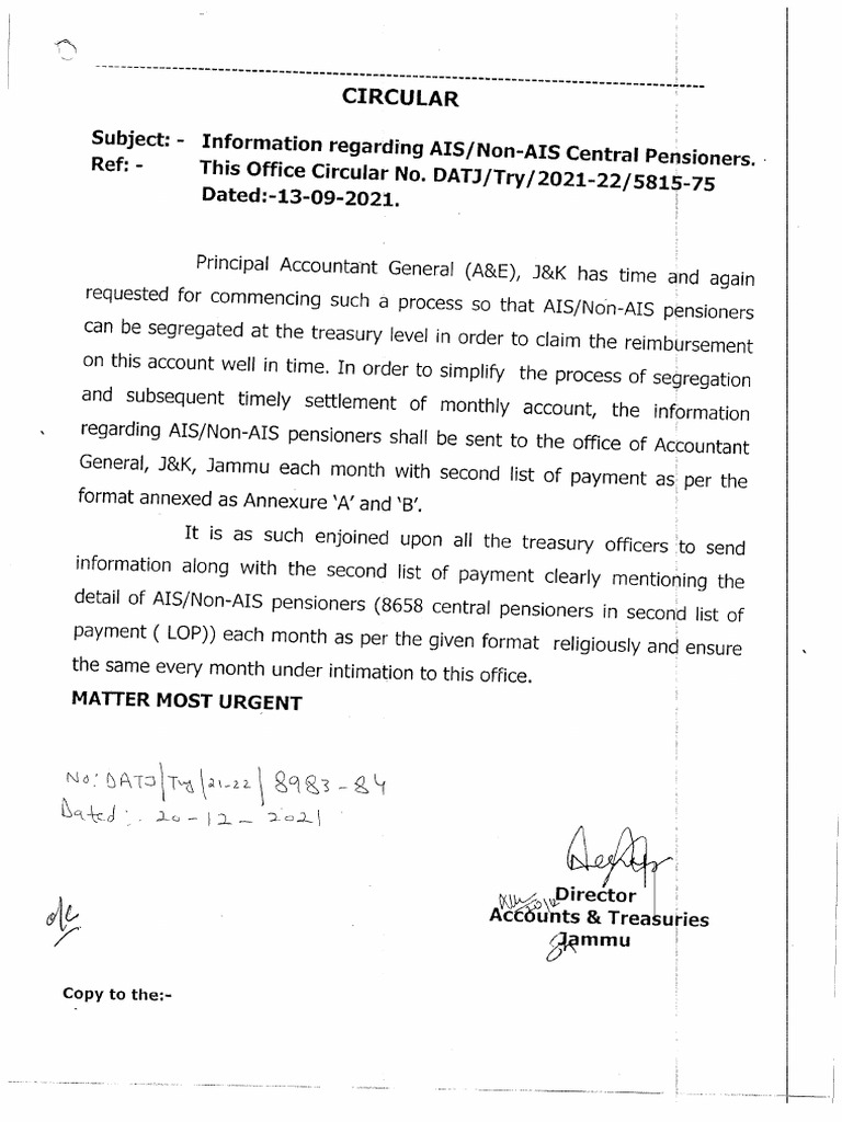 Information Regarding AIS, Non-AIS and Cnetral Pensioners | PDF